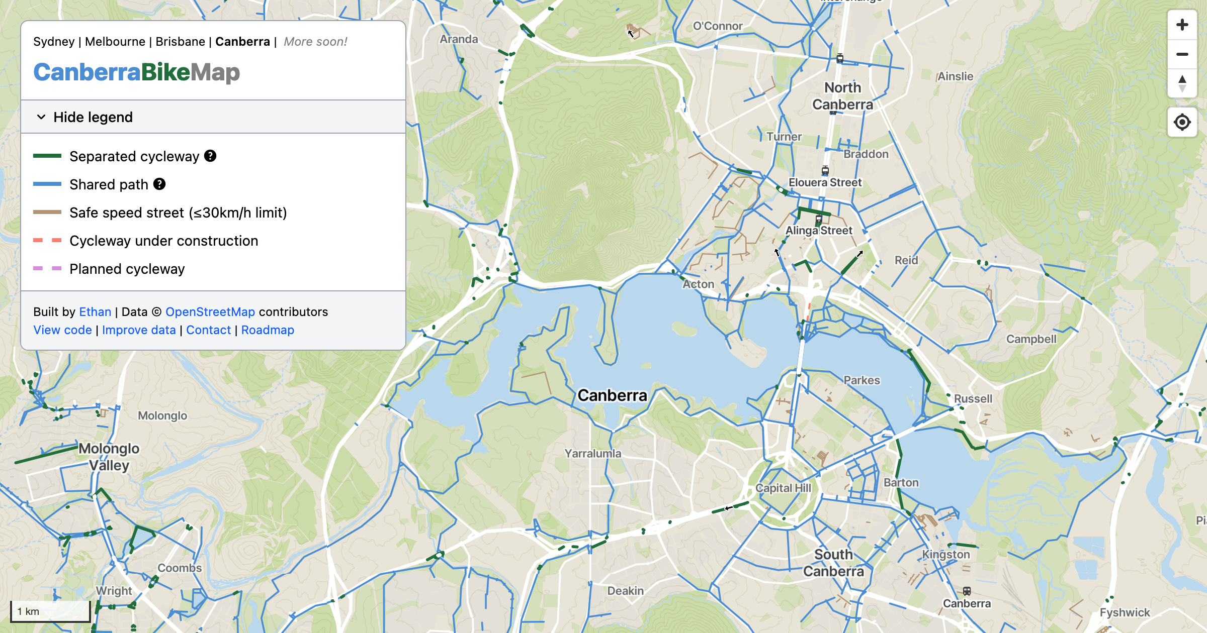 CanberraBikeMap: Map of cycle paths in Canberra